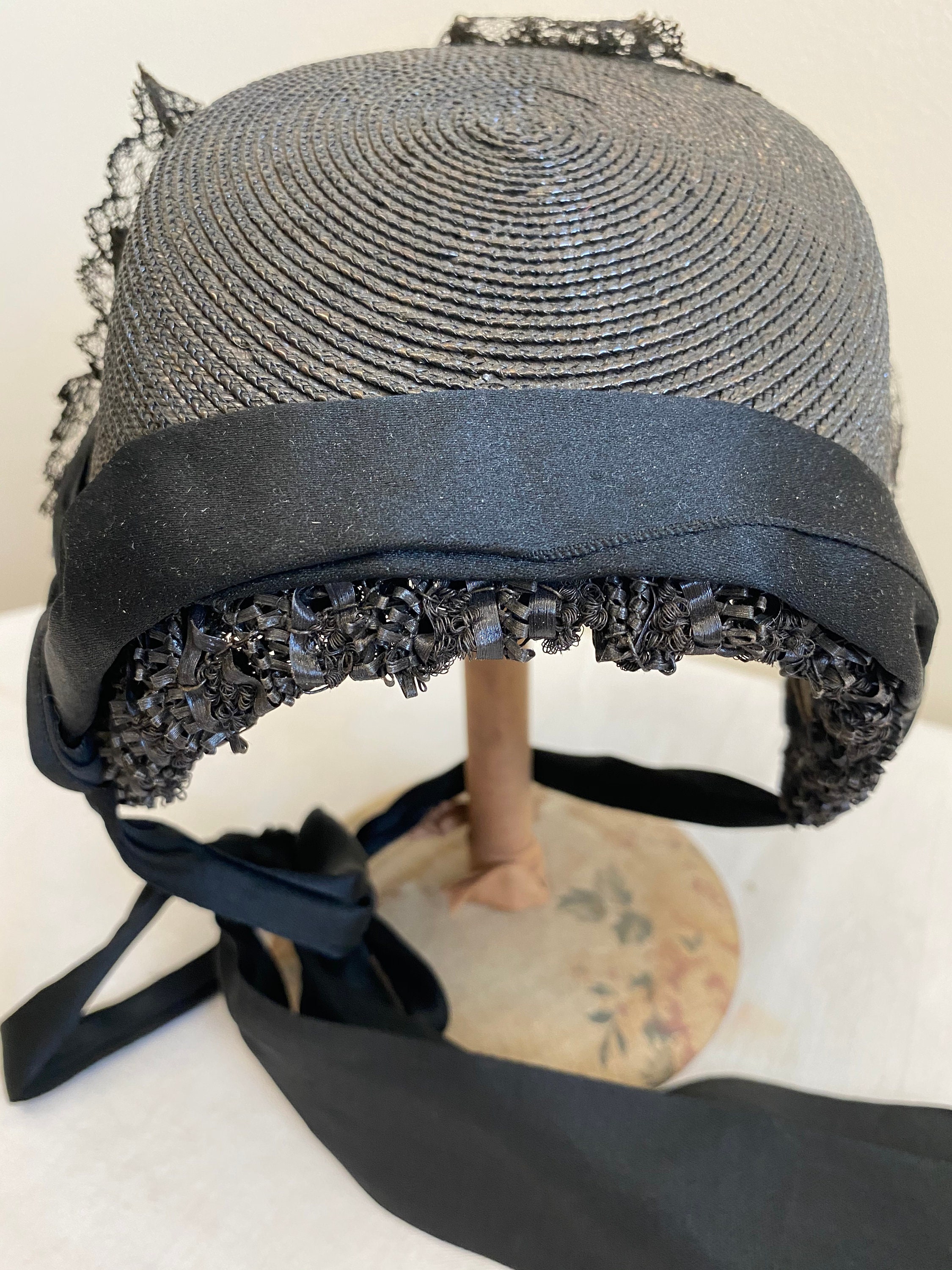 1880's Black Straw Mourning Bonnet With Satin Ribbon | Etsy