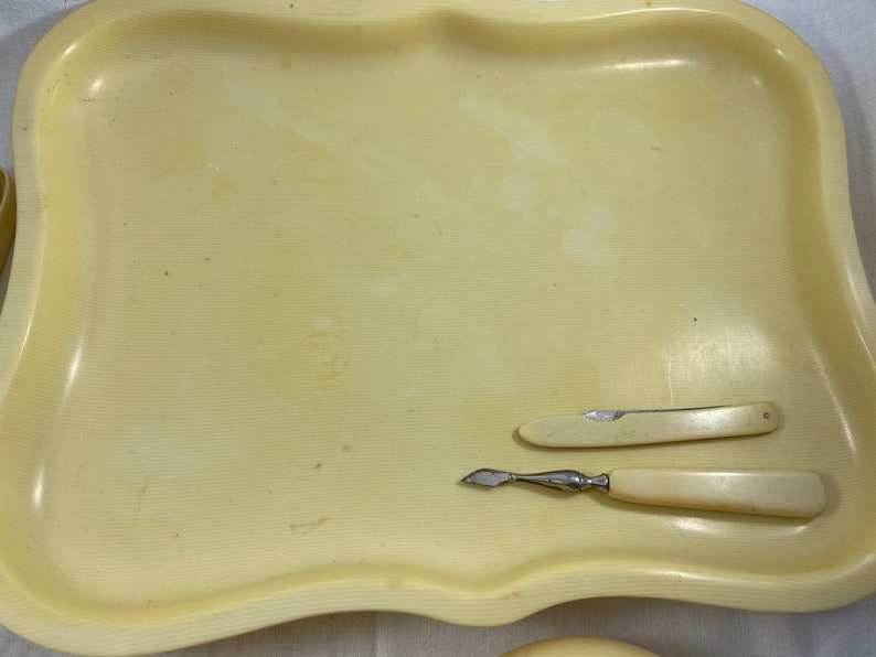 French Ivory Celluloid Pyralin Vanity Tray and Powder Boxes 6 | Etsy