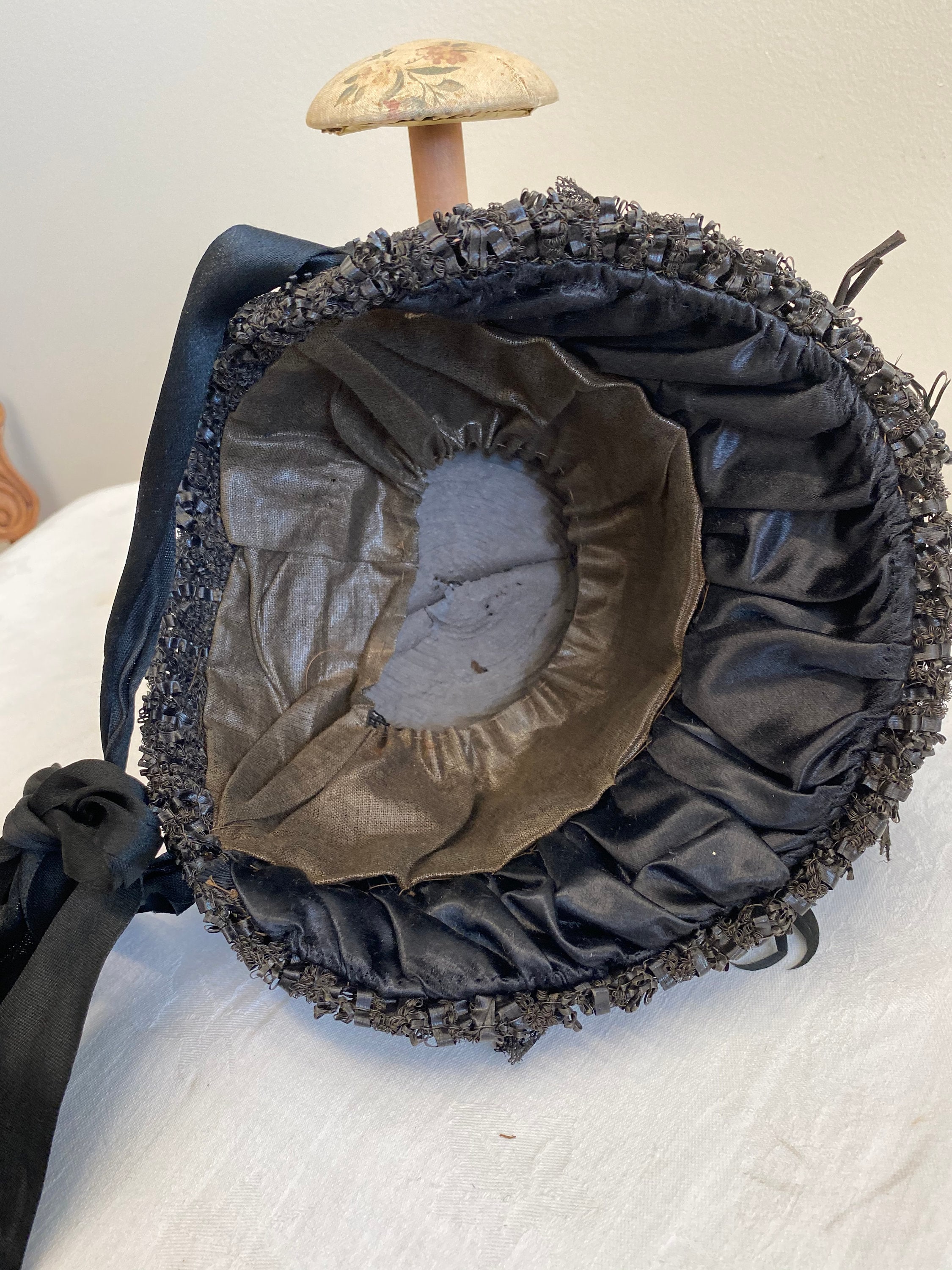1880's Black Straw Mourning Bonnet With Satin Ribbon | Etsy