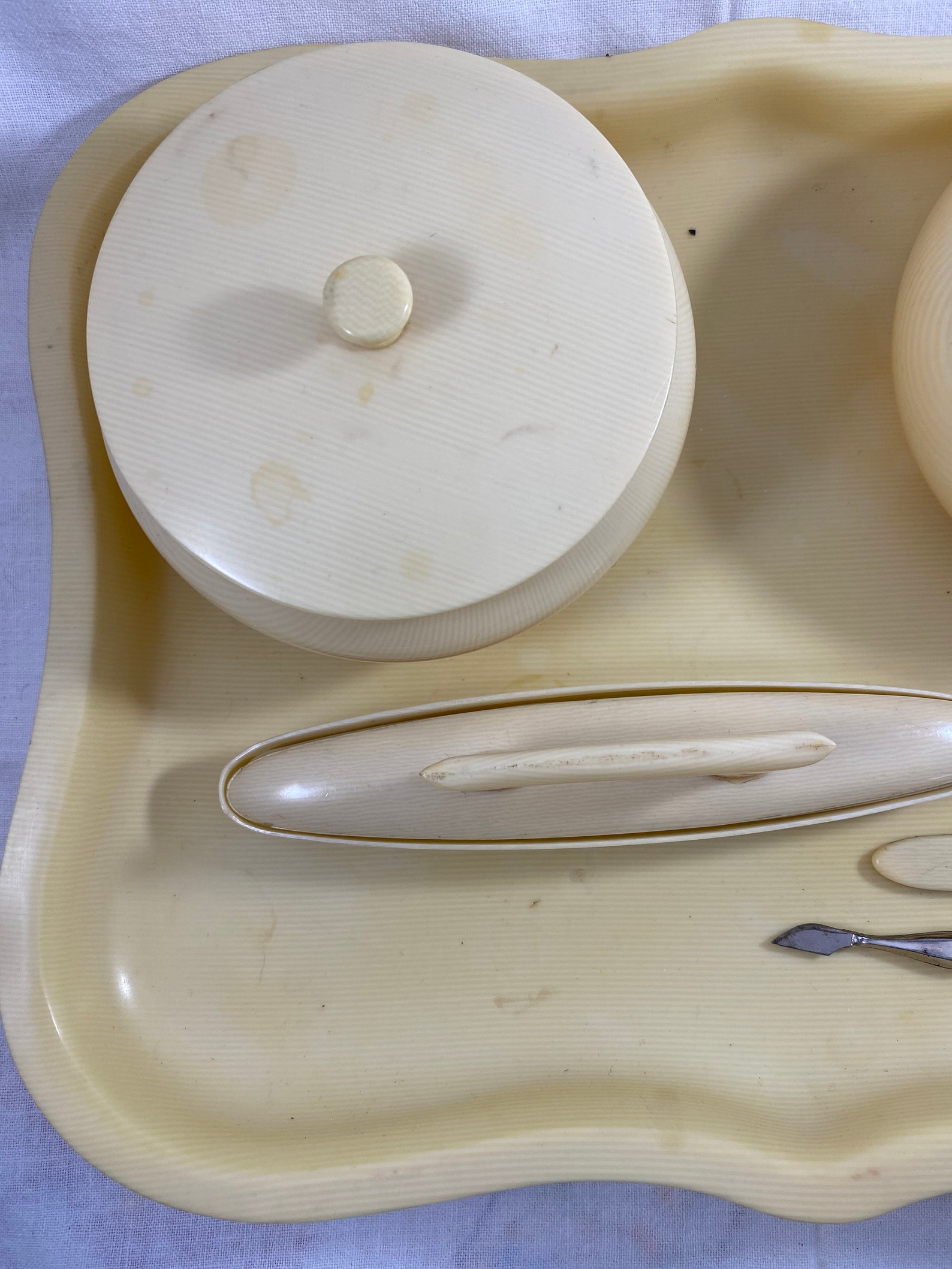 French Ivory Celluloid Pyralin Vanity Tray and Powder Boxes 6 | Etsy