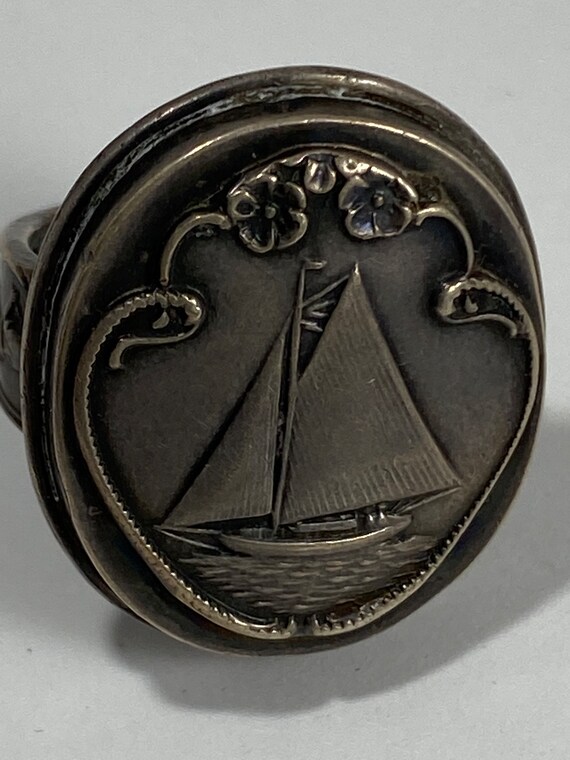 Silver Sailboat Spoon Ring Signet Ring Size 11 - Gem