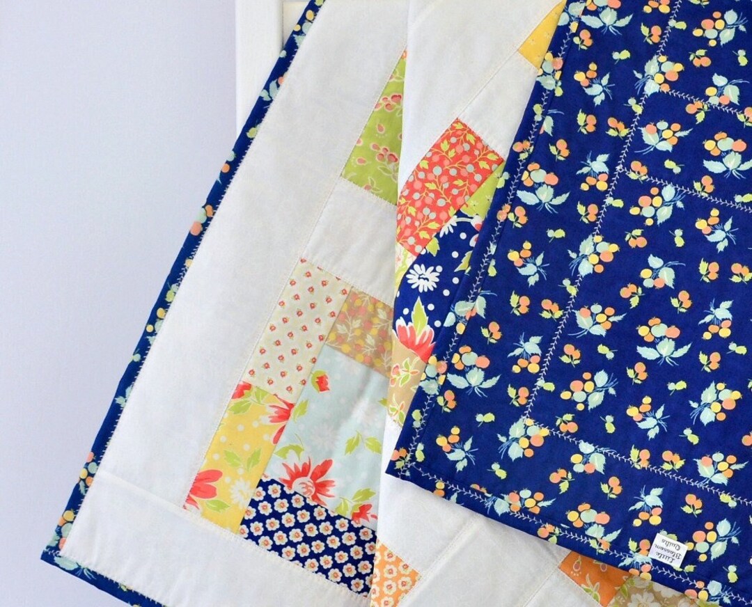 Blue Floral Patchwork Quilt, Handmade Baby Quilt, Lap Blanket, Ready to ...