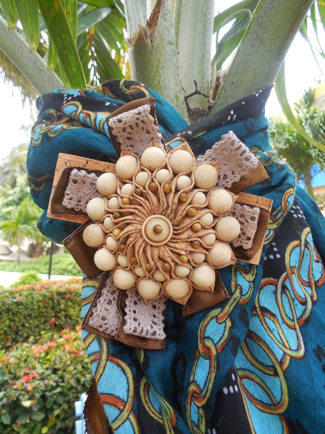 Natural Cork Brooch With Wood and Amber Shell Beads - KANZASHI ...