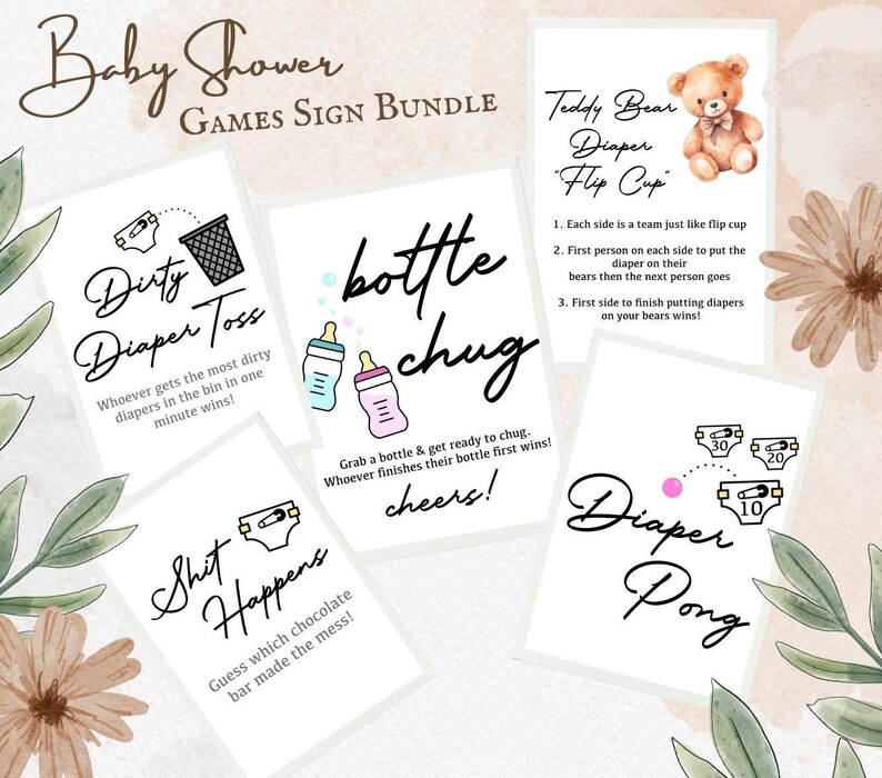 Baby Shower Game Signs Bundle digital Downloads Bottle Chug/teddy Bar ...