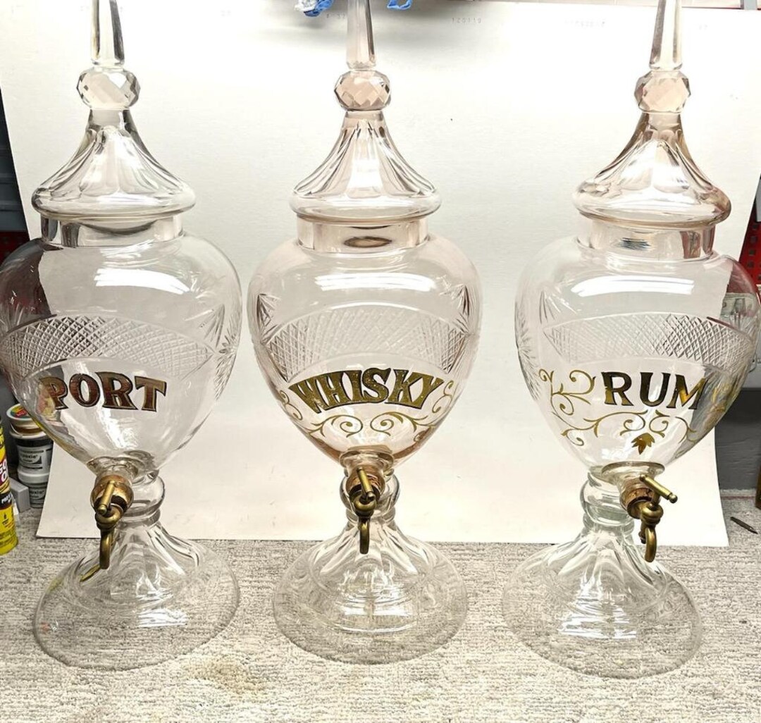 Antique Monumental Cut Crystal Glass Liquor Dispenser Decanter Set of 3 ...