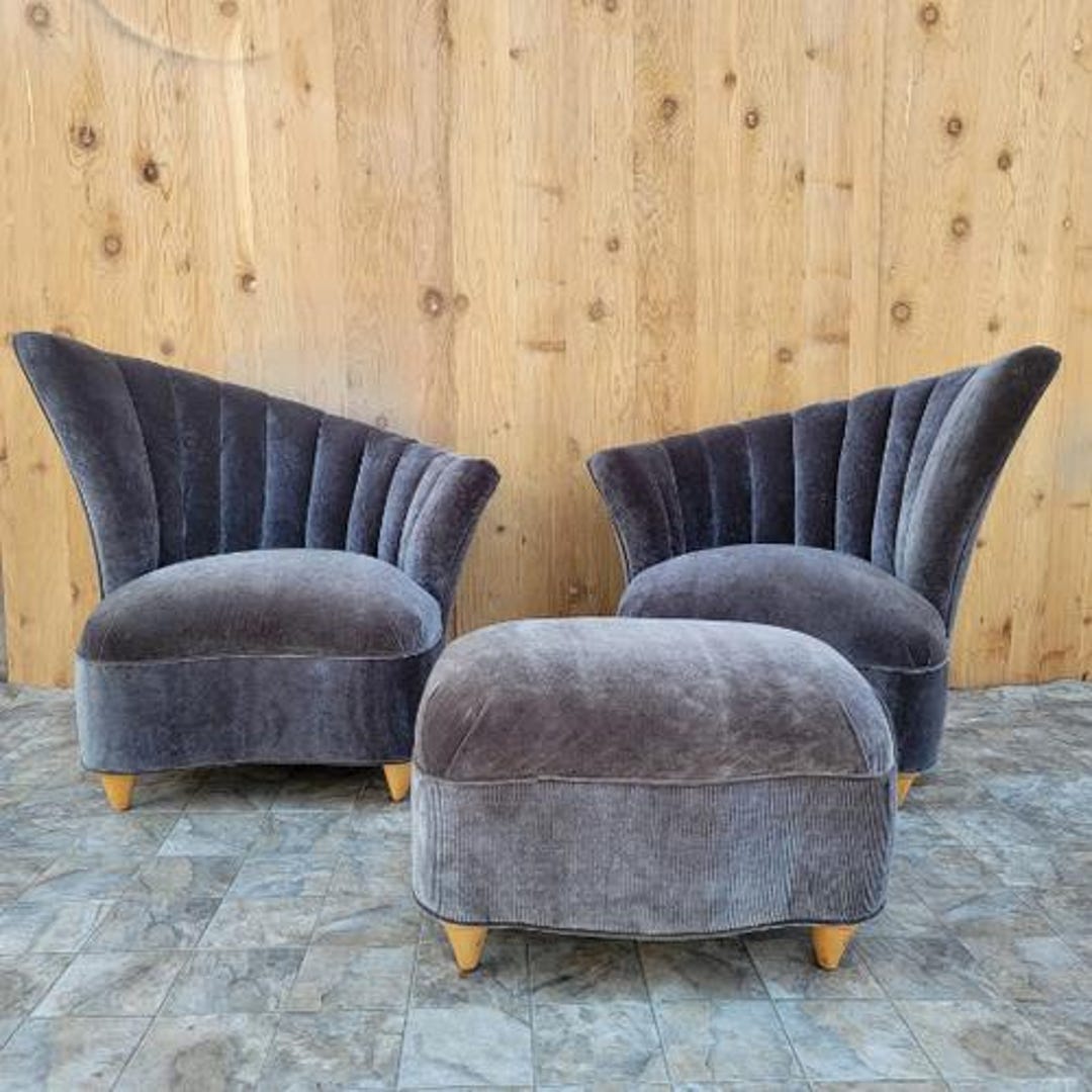 Art Deco Asymmetrical Channel Fan Back Lounge Chairs and Ottoman Newly Upholstered 3 Piece Set Etsy