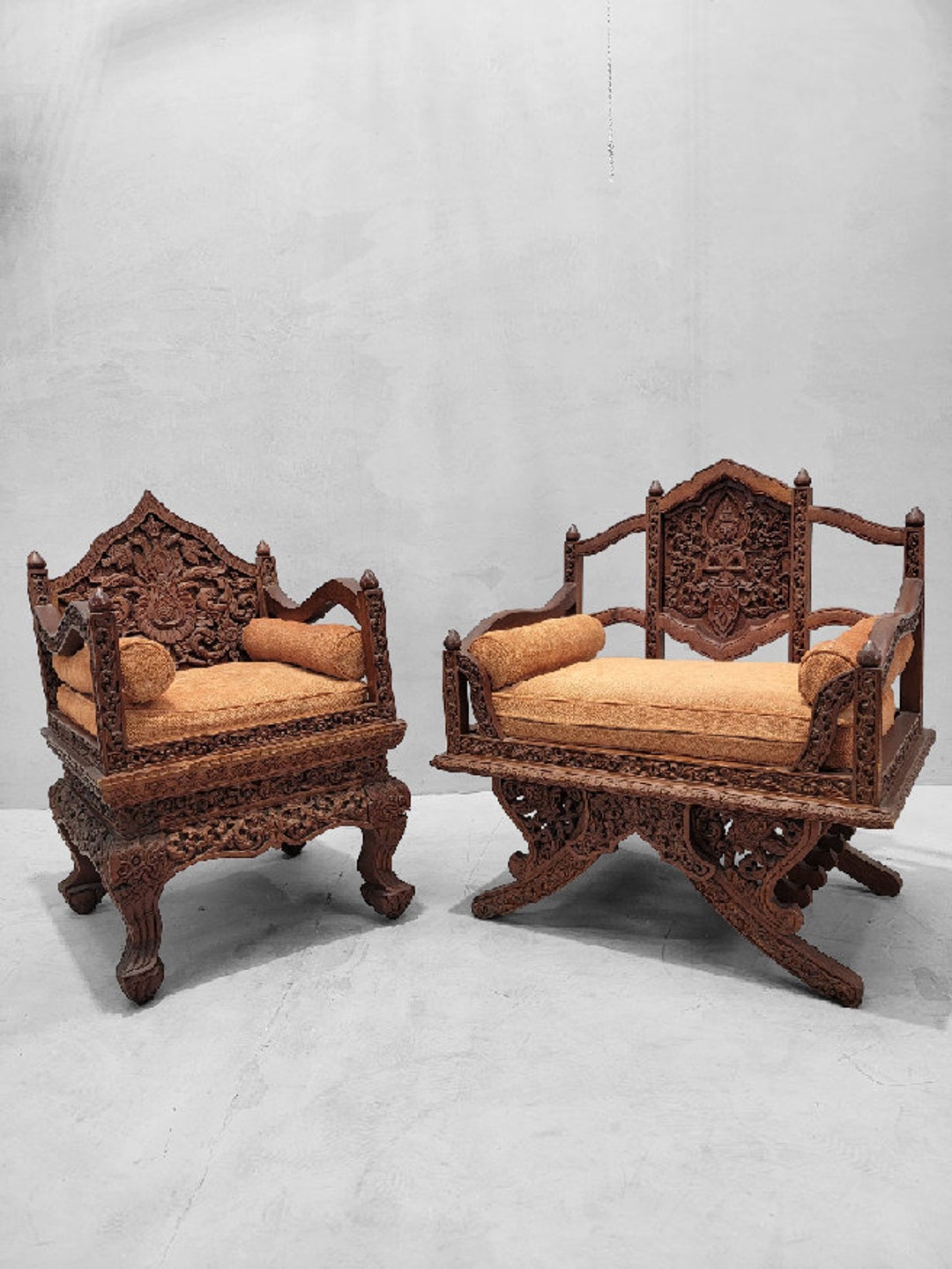 Antique Thai Howdah Hand-carved Rosewood Ornate Saddle Chairs Set of 2 ...