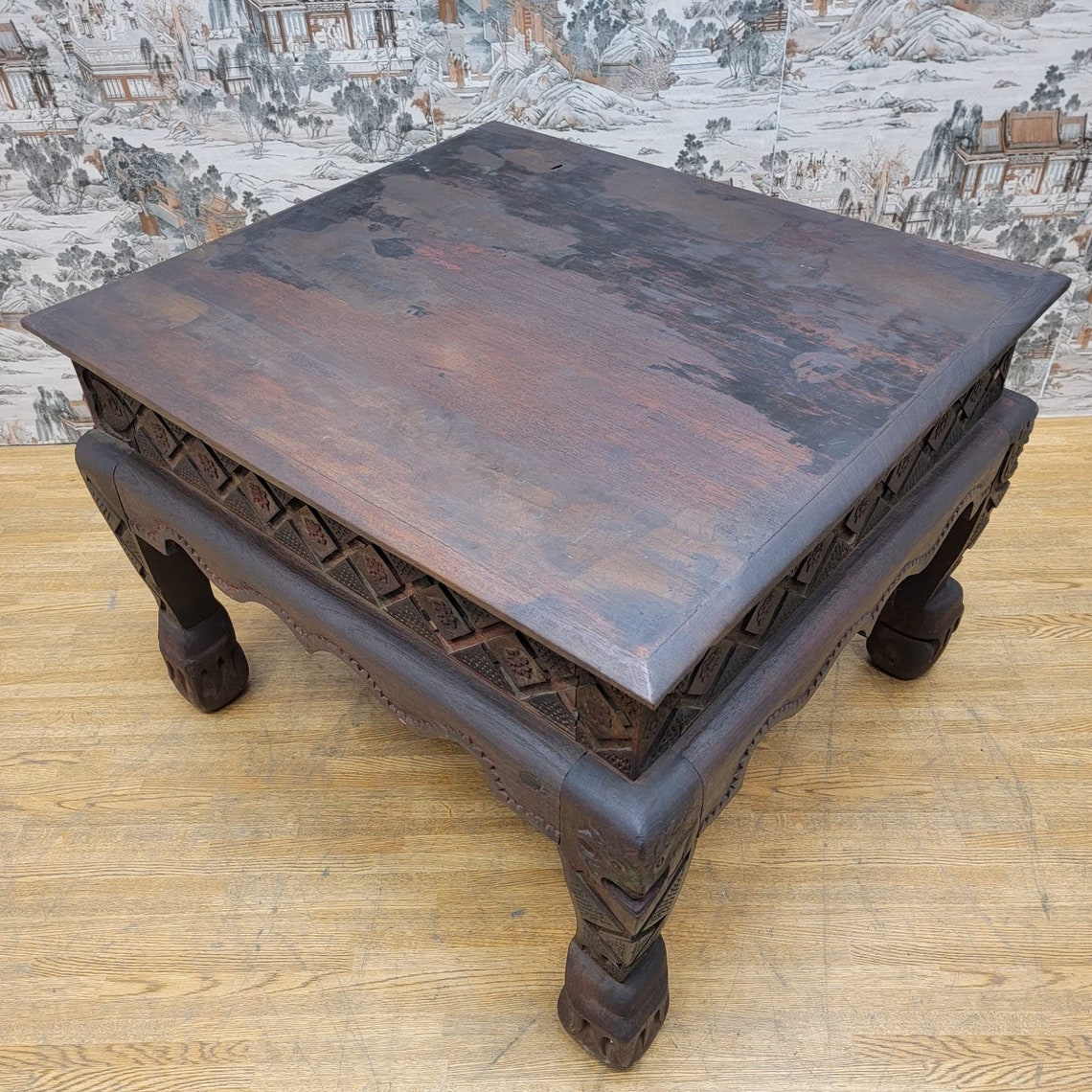 Antique East Indian Teak Wood Square Side Table With Carved - Etsy