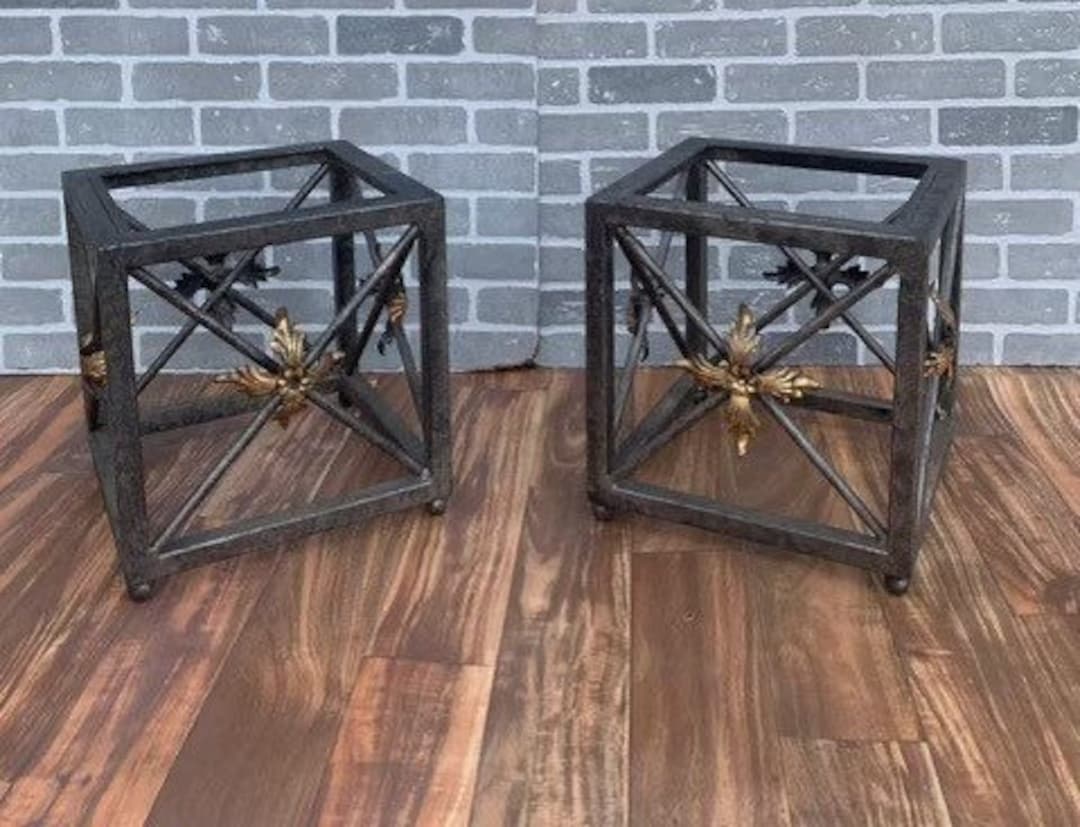 Vintage Forged Wrought Iron Side Tables With Gilded Leaf Motif and ...