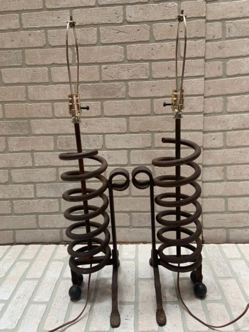 Mid Century Modern Industrial Metal Spring Table Lamps Pair | Etsy
