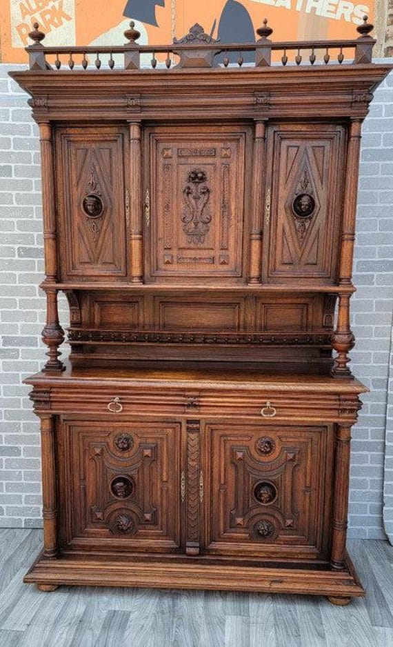 Antique French Gothic Figural Carved Walnut Chateau Buffet Sideboard Cabinet Etsy