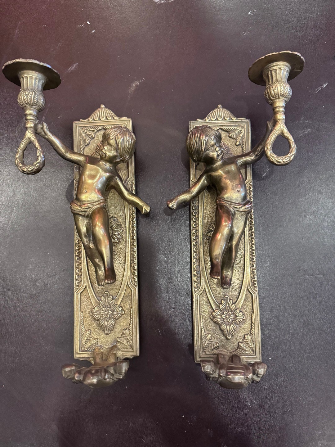 Vintage Brass Putti Cherub Angel Wall Mounted Sconces Candle Holders ...