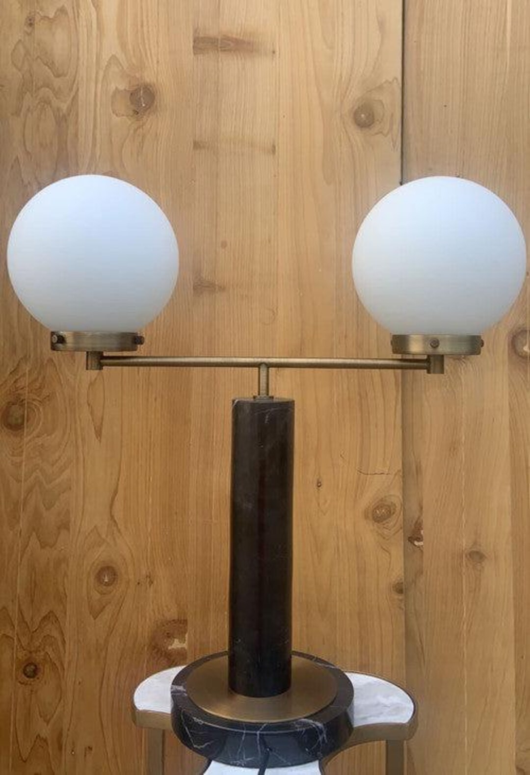 Modern Marble and Brass Table Lamps With 2 White Ball Shades - Etsy