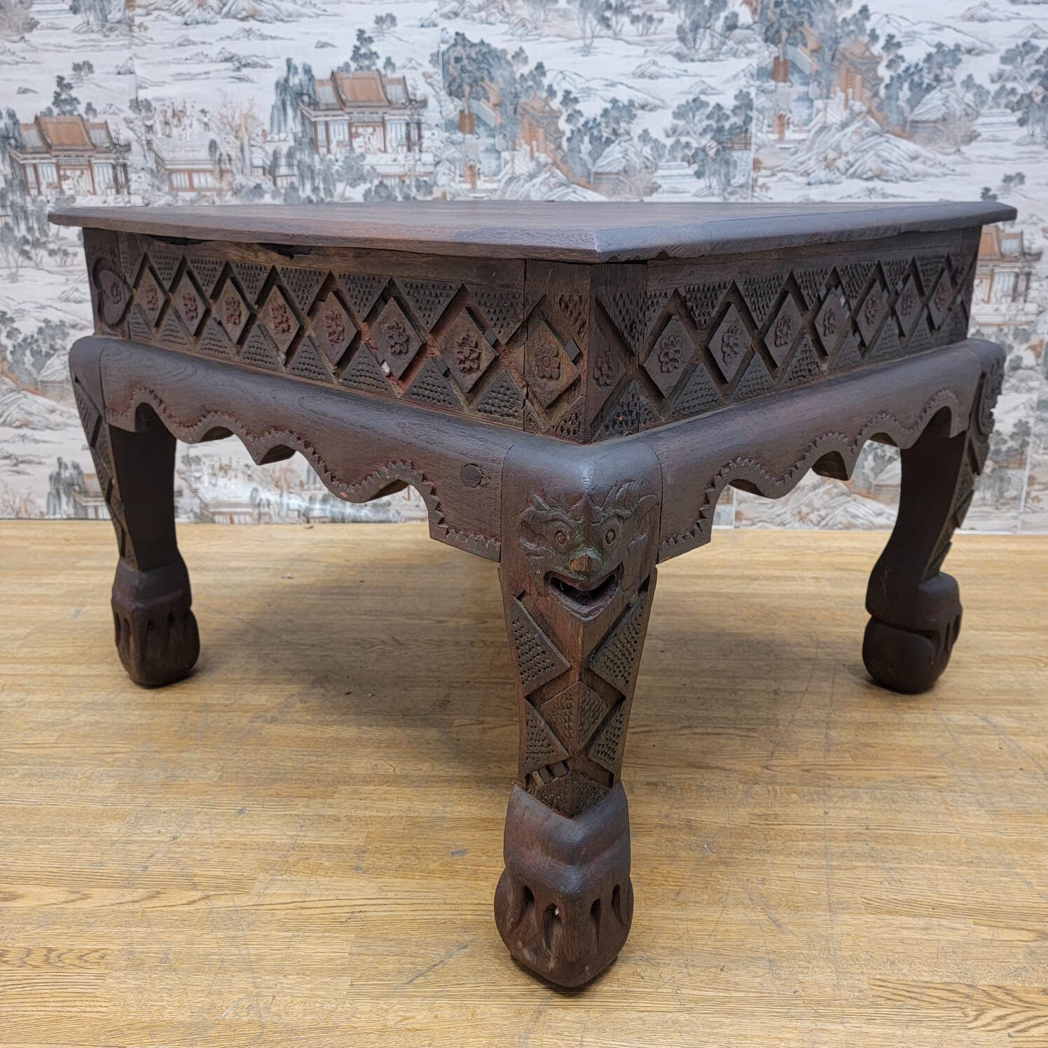 Antique East Indian Teak Wood Square Side Table With Carved - Etsy