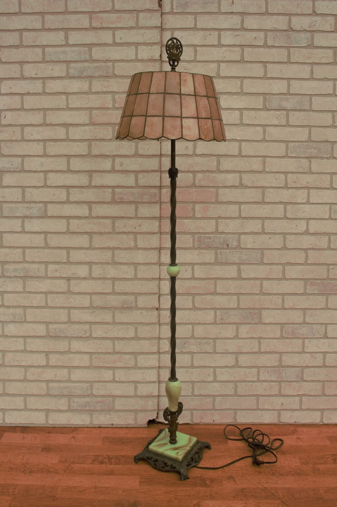 Art Deco Ornate Floor Reading Lamp With Green Jadeite Glass and Capiz ...