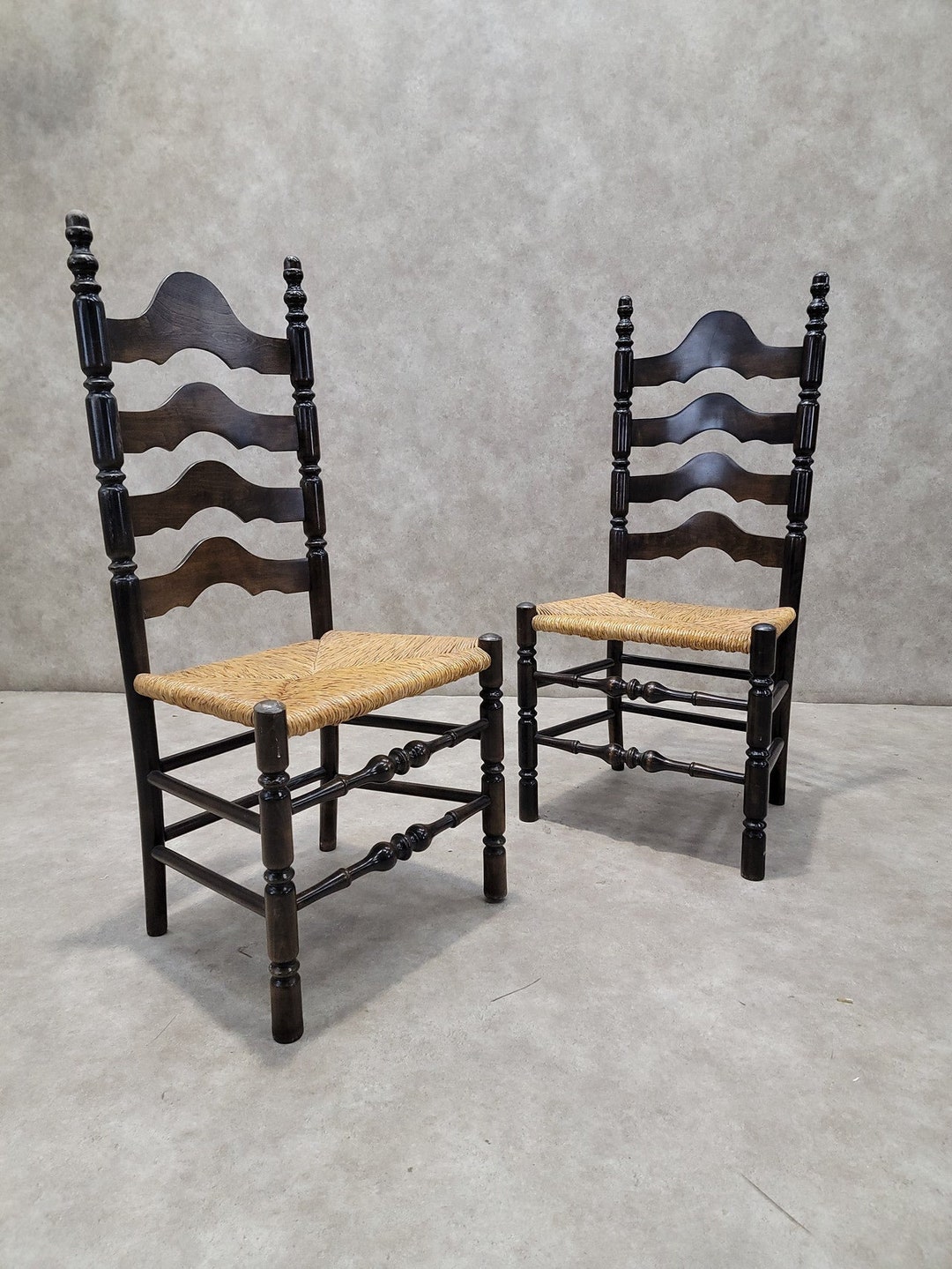 Vintage French Country Style Ladder Back Rush Seat Side Chairs - Pair ...