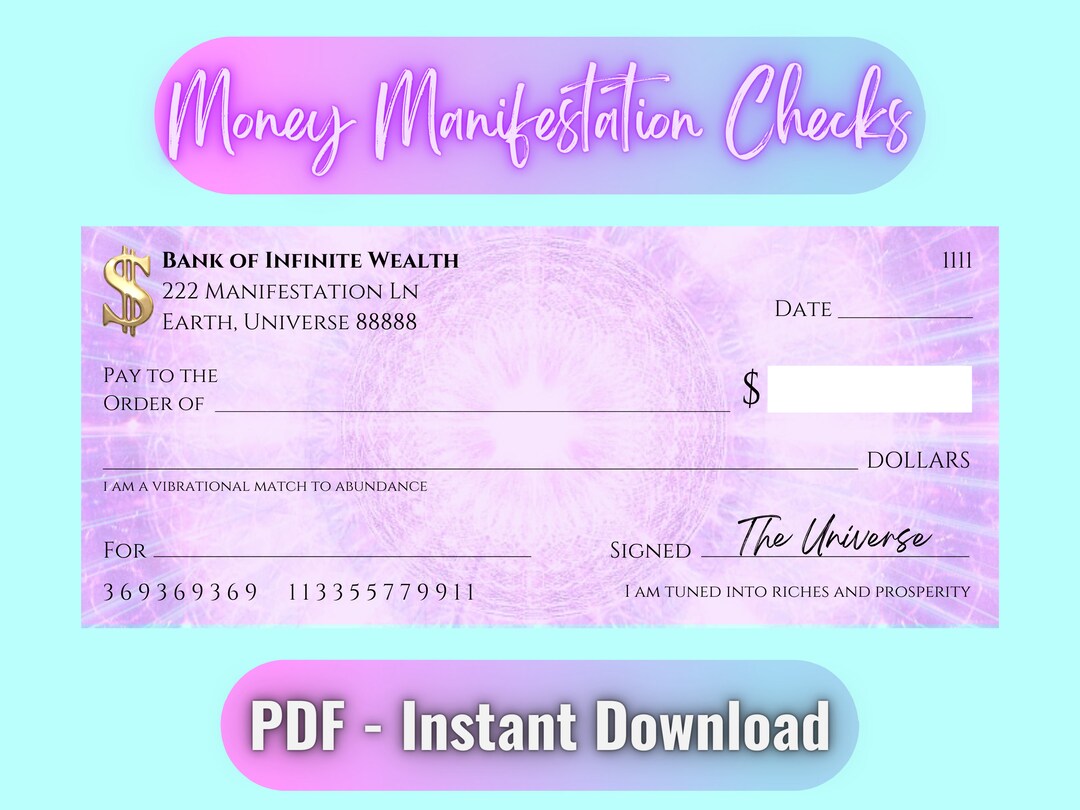 Pink and Purple Money Manifestation Check, Attract Prosperity, Blank ...