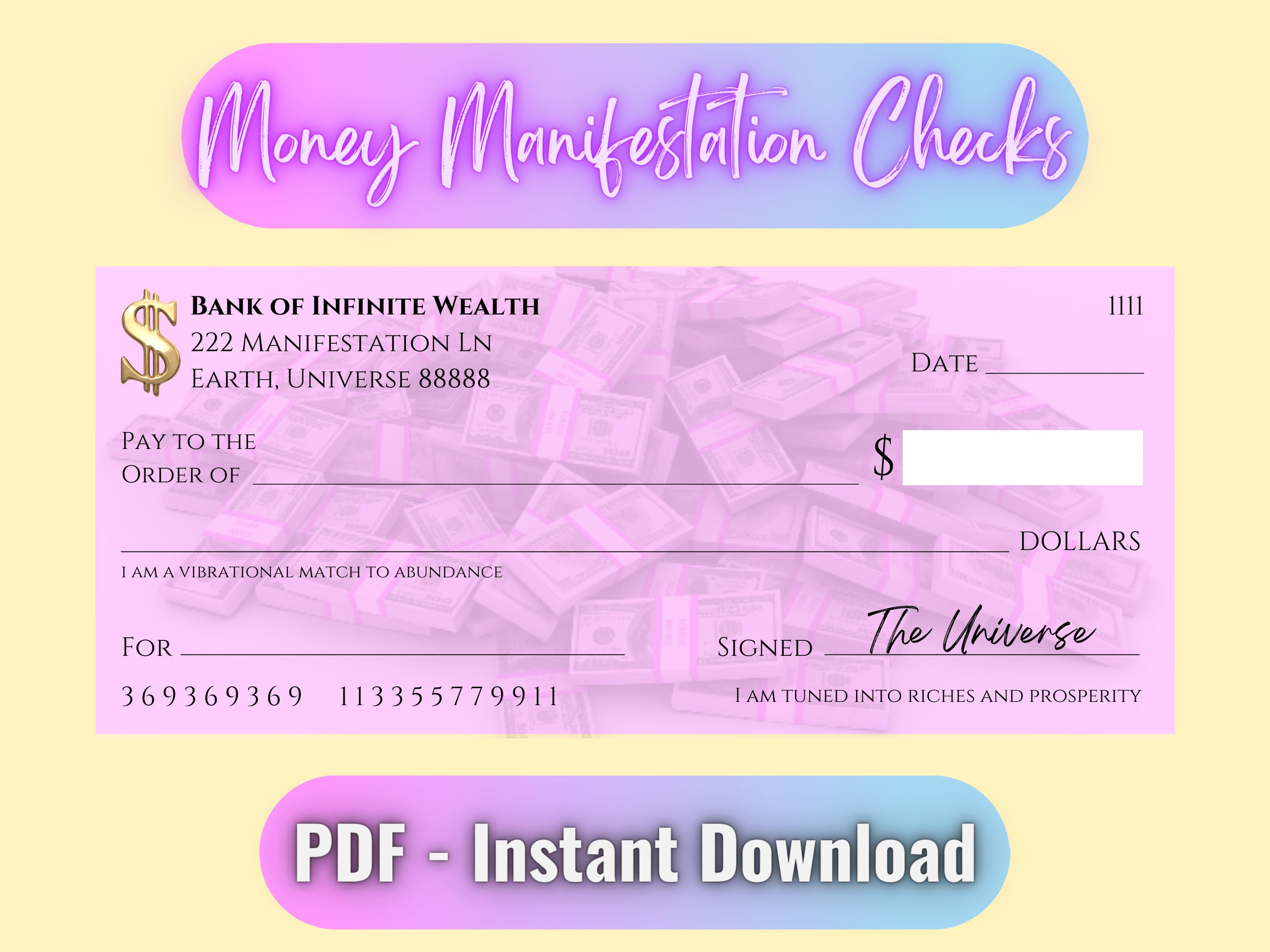 Money Manifestation Check, Attract Prosperity, Blank Vision Board ...