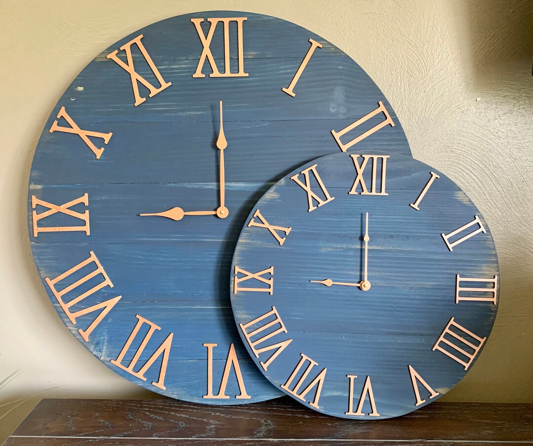 Oversized Rustic Blue Distressed Wooden Wall Clock, Copper Accent Large ...