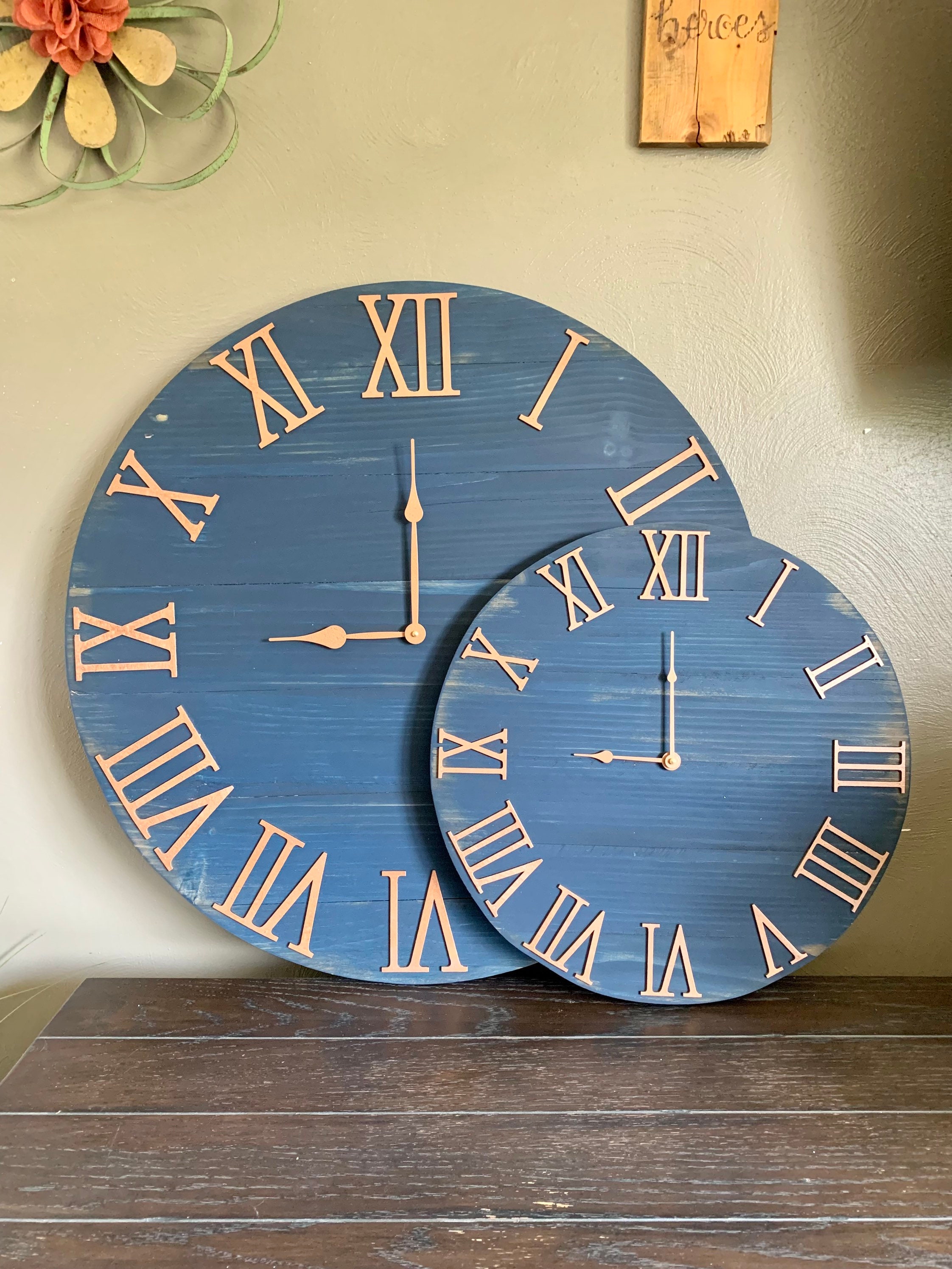 Oversized Rustic Blue Distressed Wooden Wall Clock Copper | Etsy