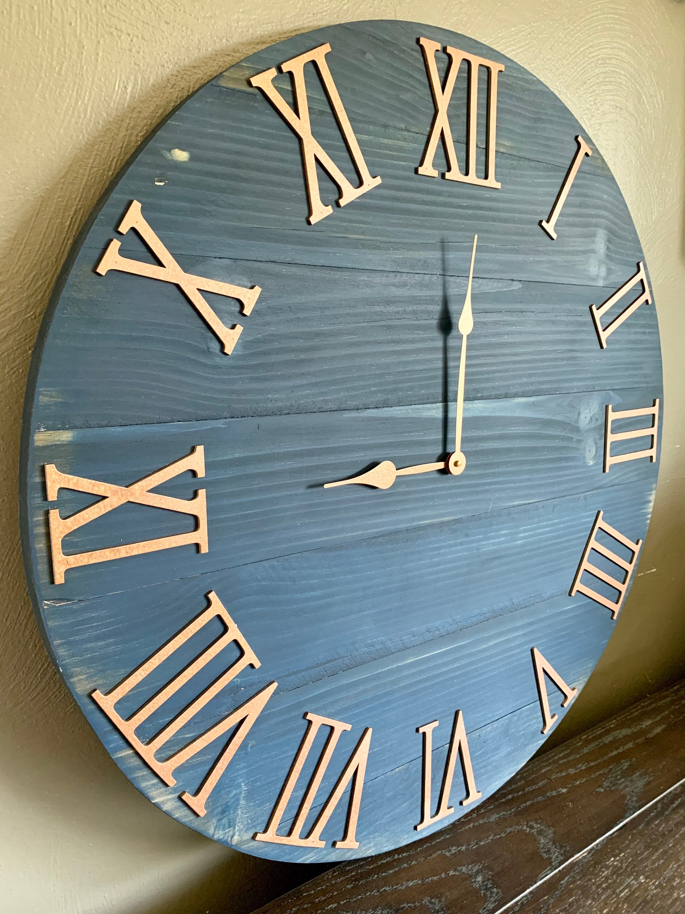 Oversized Rustic Blue Distressed Wooden Wall Clock Copper | Etsy