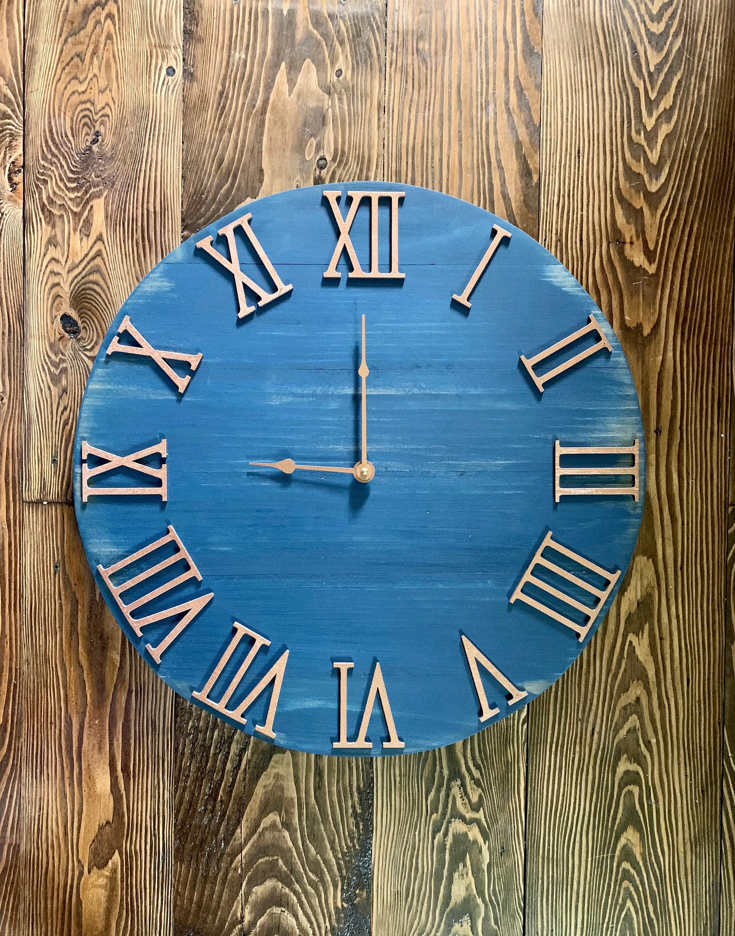 Oversized Rustic Blue Distressed Wooden Wall Clock Copper | Etsy