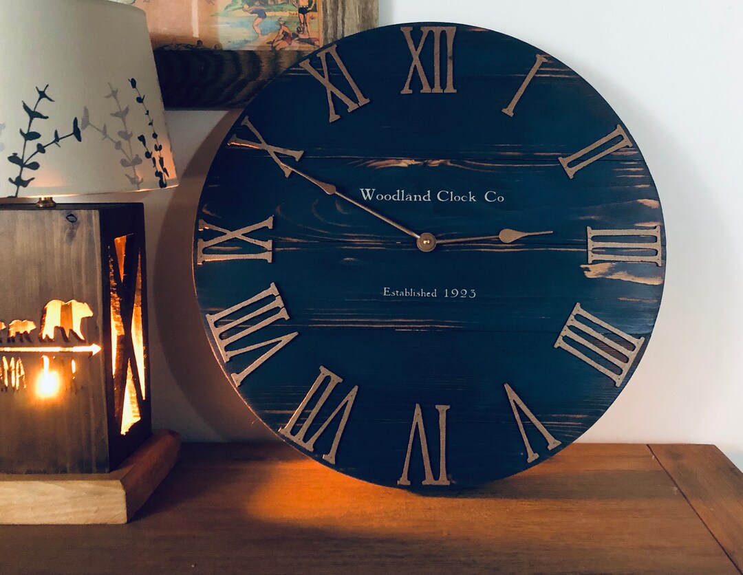12 Wooden Wall Clock, Blue & Bronze Wood Rustic Wall Clock, Distressed ...