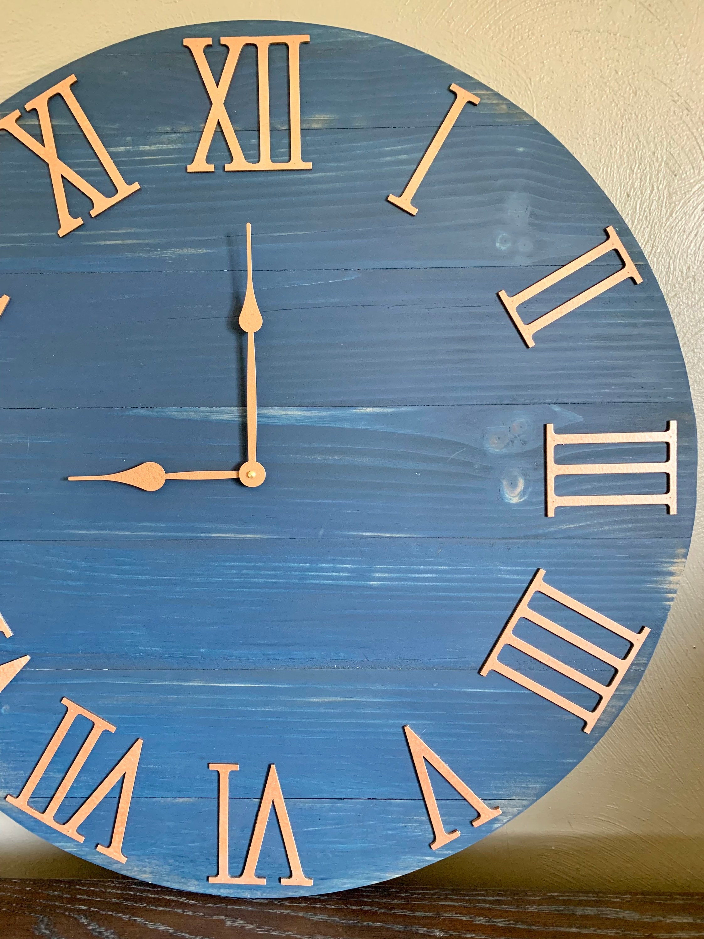 Oversized Rustic Blue Distressed Wooden Wall Clock Copper | Etsy