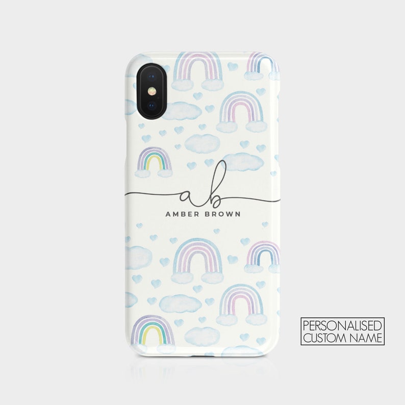 Personalised Phone Case Custom Name Cover Rainbow Hearts Magical Clouds ...