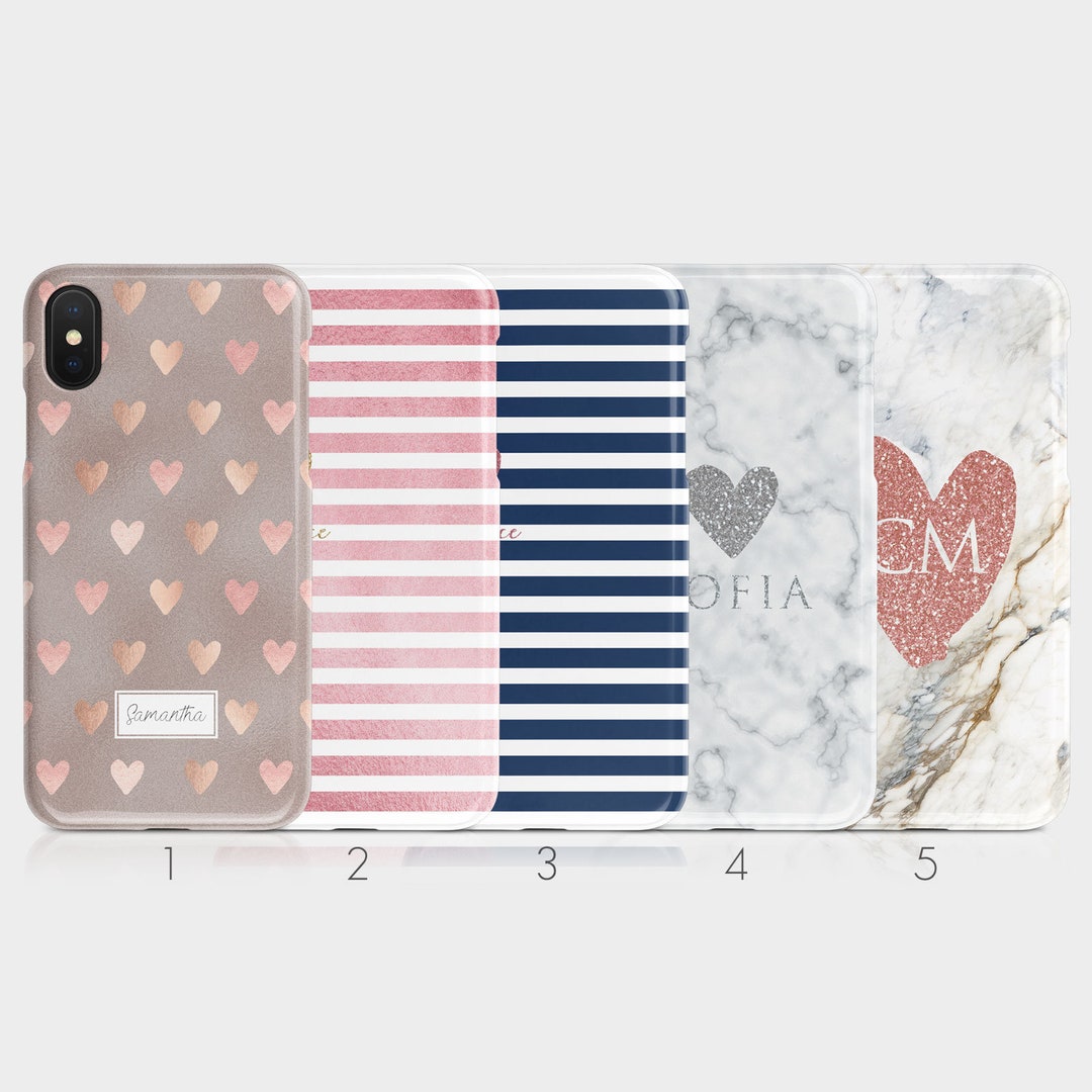 Personalised Initials Custom Hard Phone Case Rose Gold Hearts Striped ...