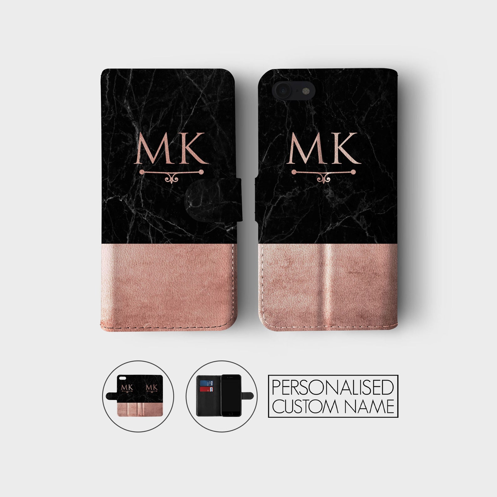 Personalised Initials Custom Wallet Leather Phone Case Black Marble ...