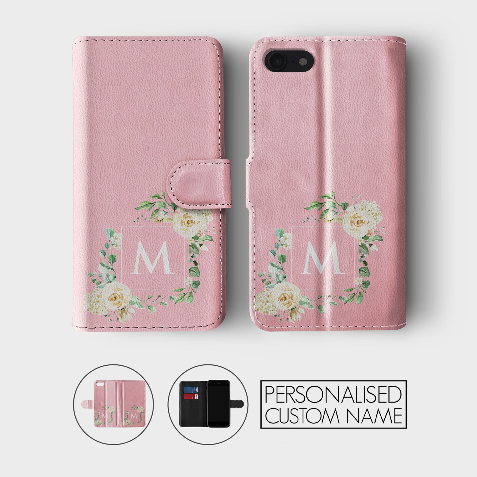 Personalised Initials Custom Wallet Leather Phone Case Roses Fresh ...
