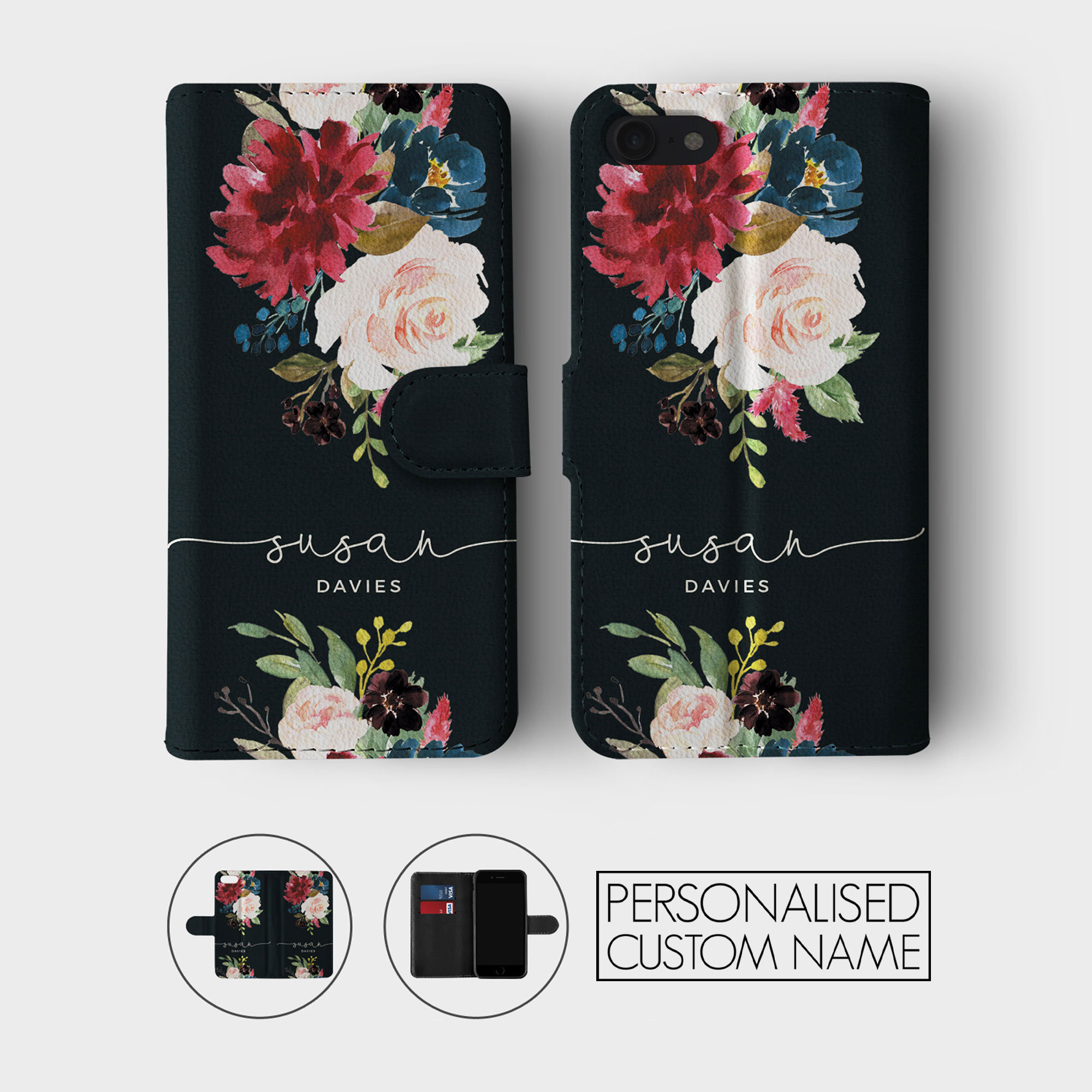 Personalised Initials Custom Wallet Leather Phone Case Floral - Etsy UK