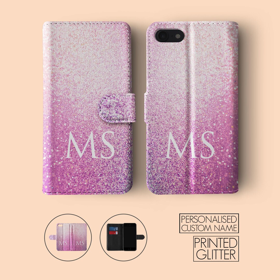 Personalized Initials Custom Flip Leather Phone Case Fade Pink Glitter ...