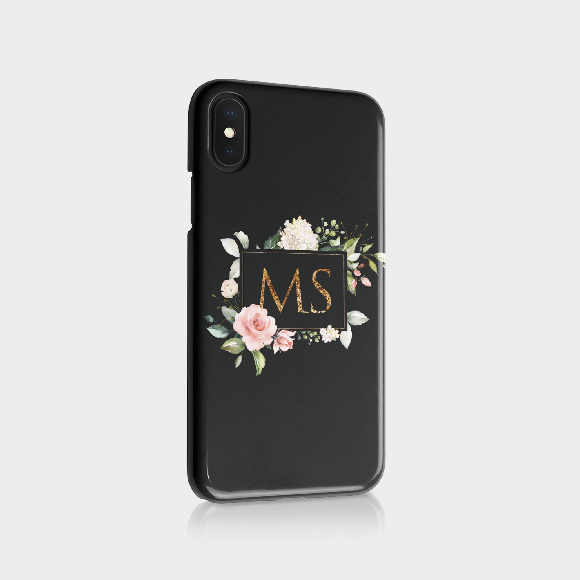 Personalised Initials Custom Hard Phone Case Black Floral Glitter ...