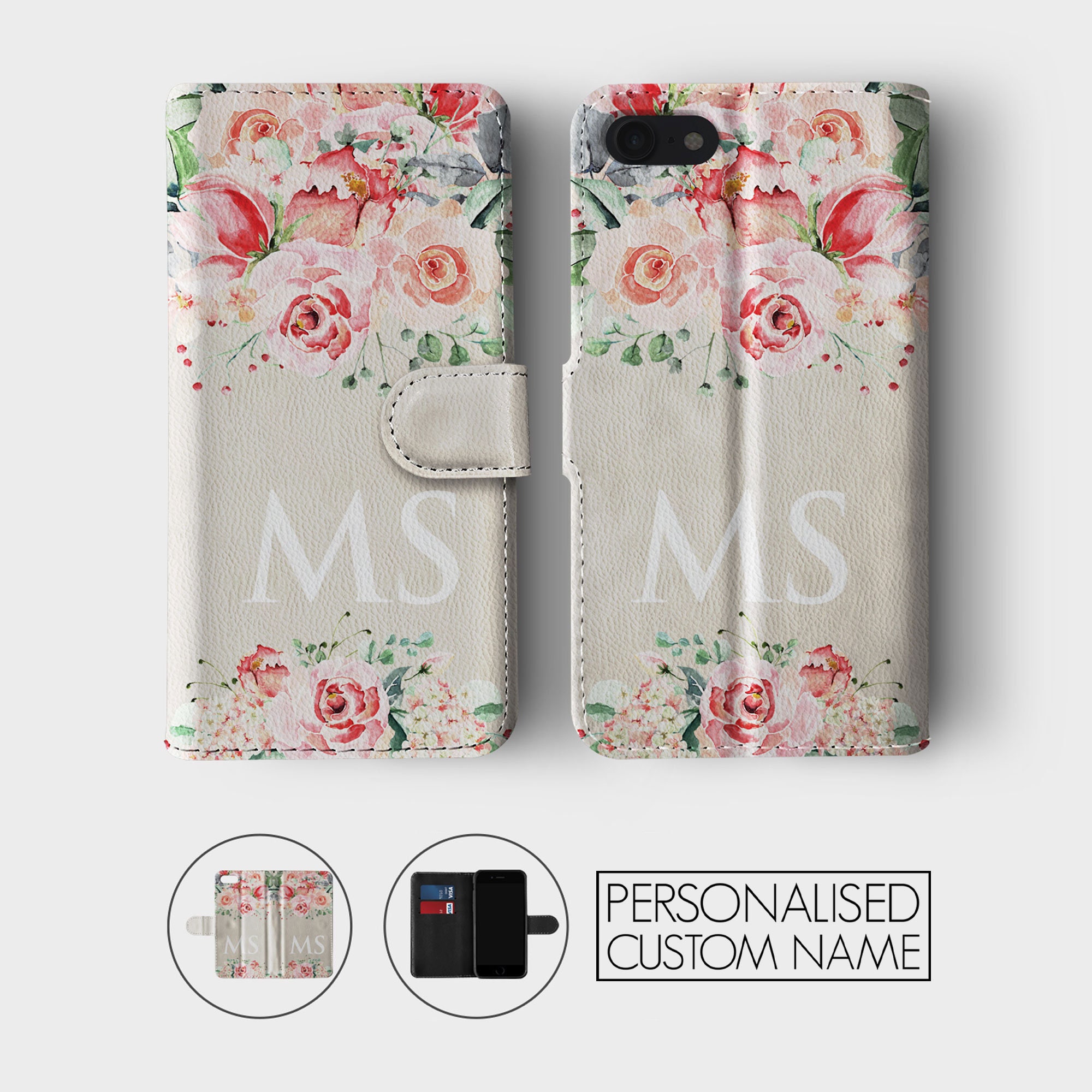 Personalised Initials Custom Wallet Leather Phone Case Roses Fresh ...