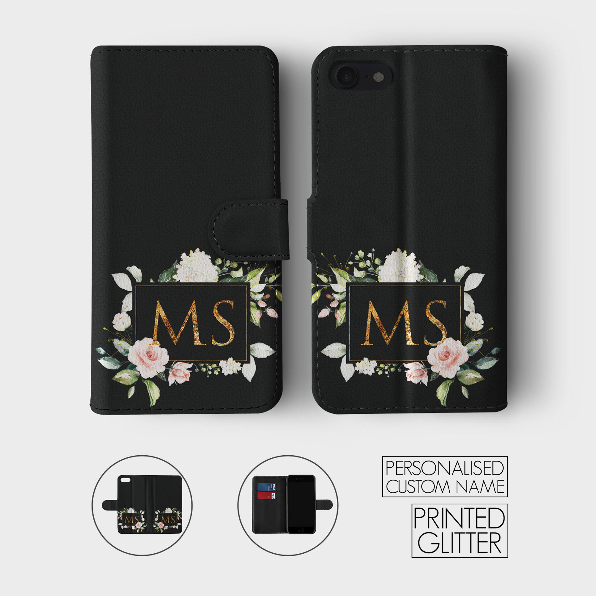 Personalised Initials Custom Wallet Leather Phone Case Floral - Etsy UK