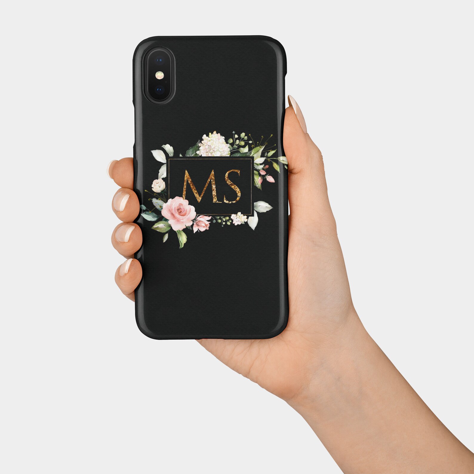 Personalised Initials Custom Hard Phone Case Black Floral Glitter ...