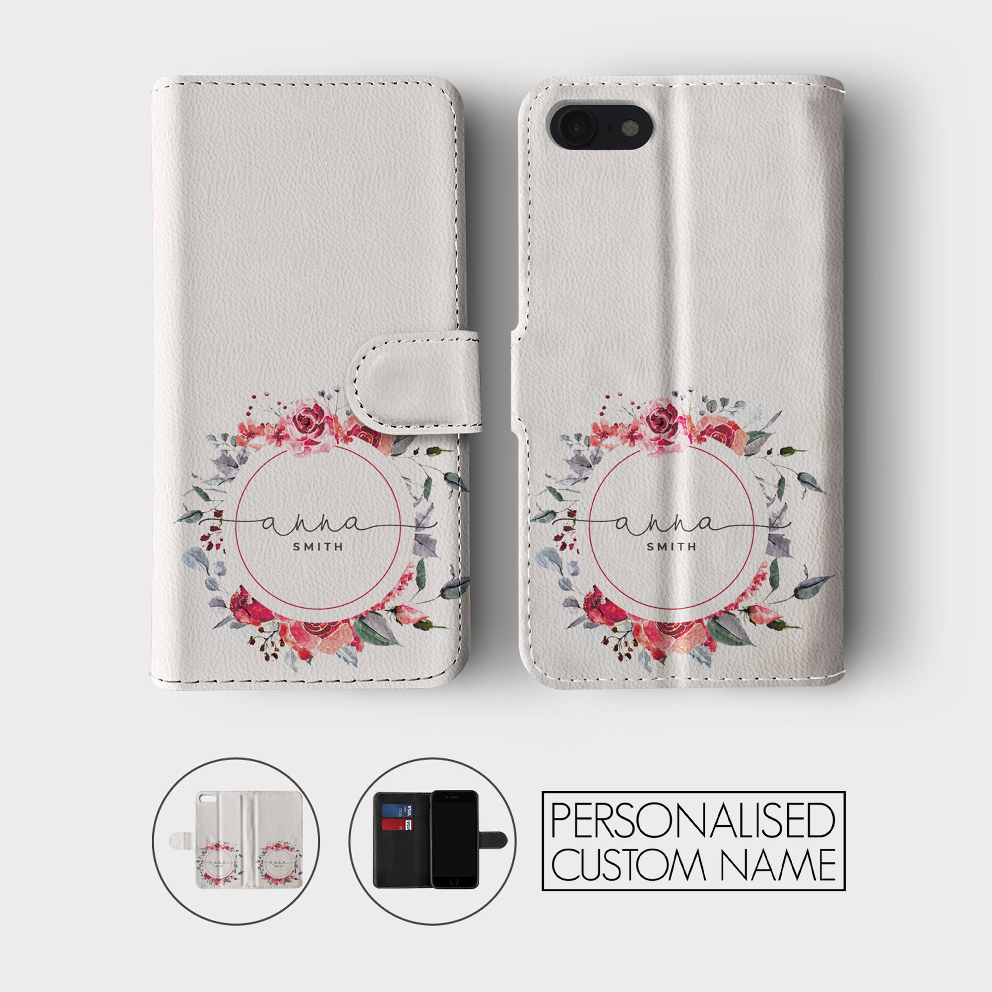 Personalised Initials Custom Wallet Leather Phone Case Roses Fresh ...