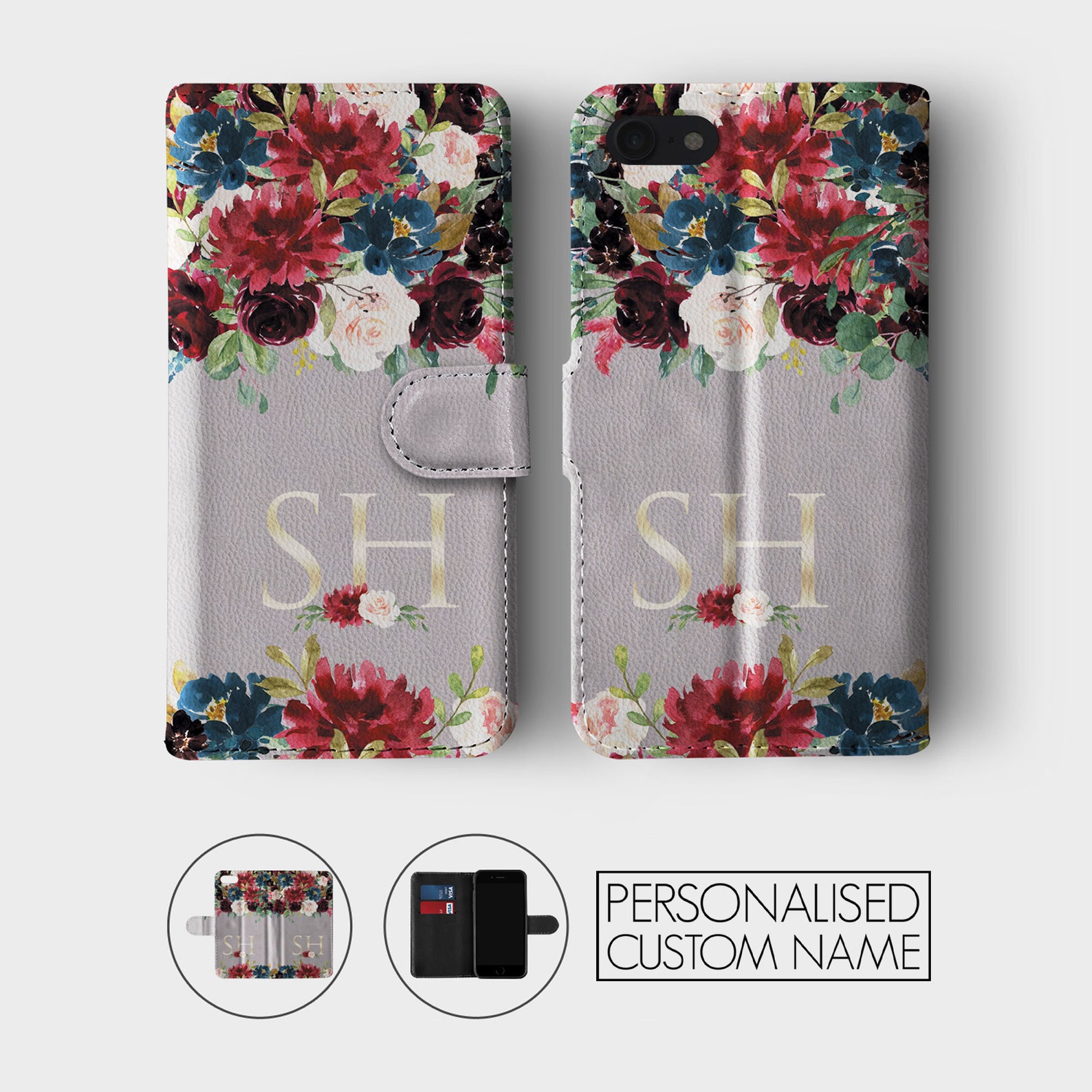 Personalised Initials Custom Wallet Leather Phone Case Floral - Etsy