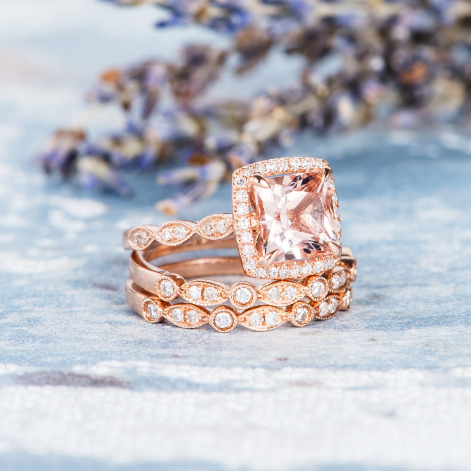 Princess Cut Morganite Engagement Ring Art Deco Morganite Ring - Etsy