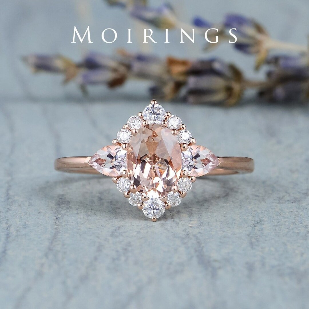 Oval Morganite Ring Rose Gold Morganite Cluster Unique Moissanite Halo ...
