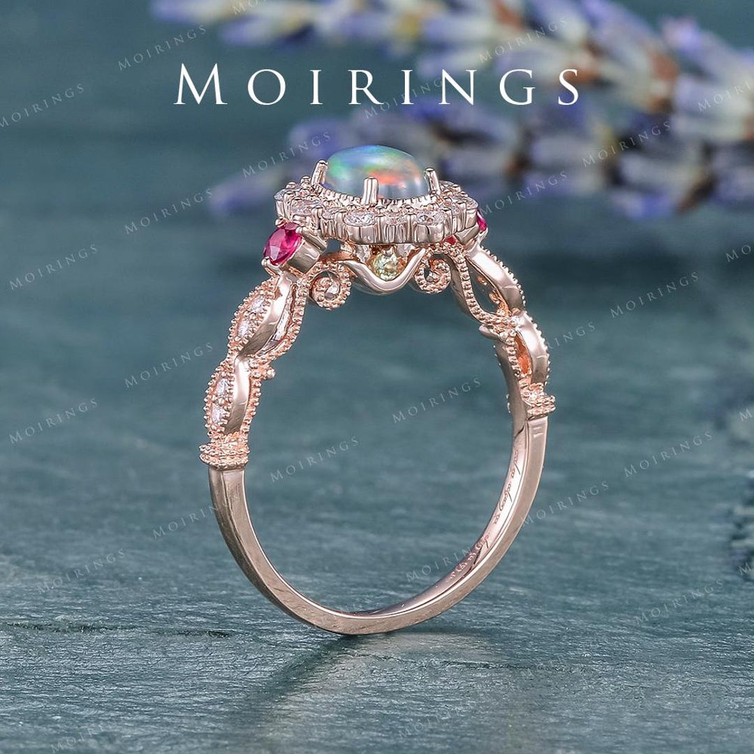 Vintage Oval Cut Natural White Opal Engagement Ring Rose Gold Cluster ...