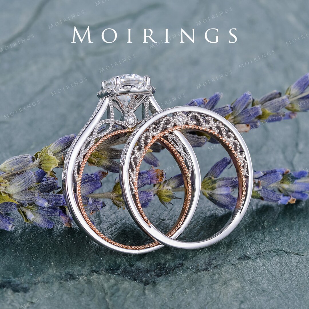 Peekaboo Moissanite Ring Set White Gold Engagement Ring Cathedral ...