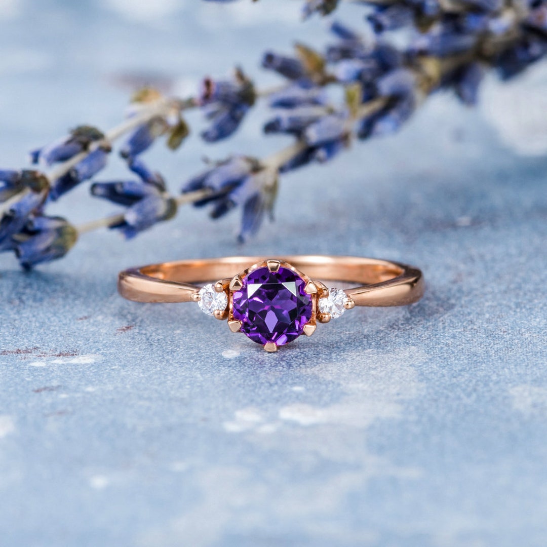 Amethyst Engagement Ring Rose Gold Amethyst Ring 5mm Solitaire Ring for ...