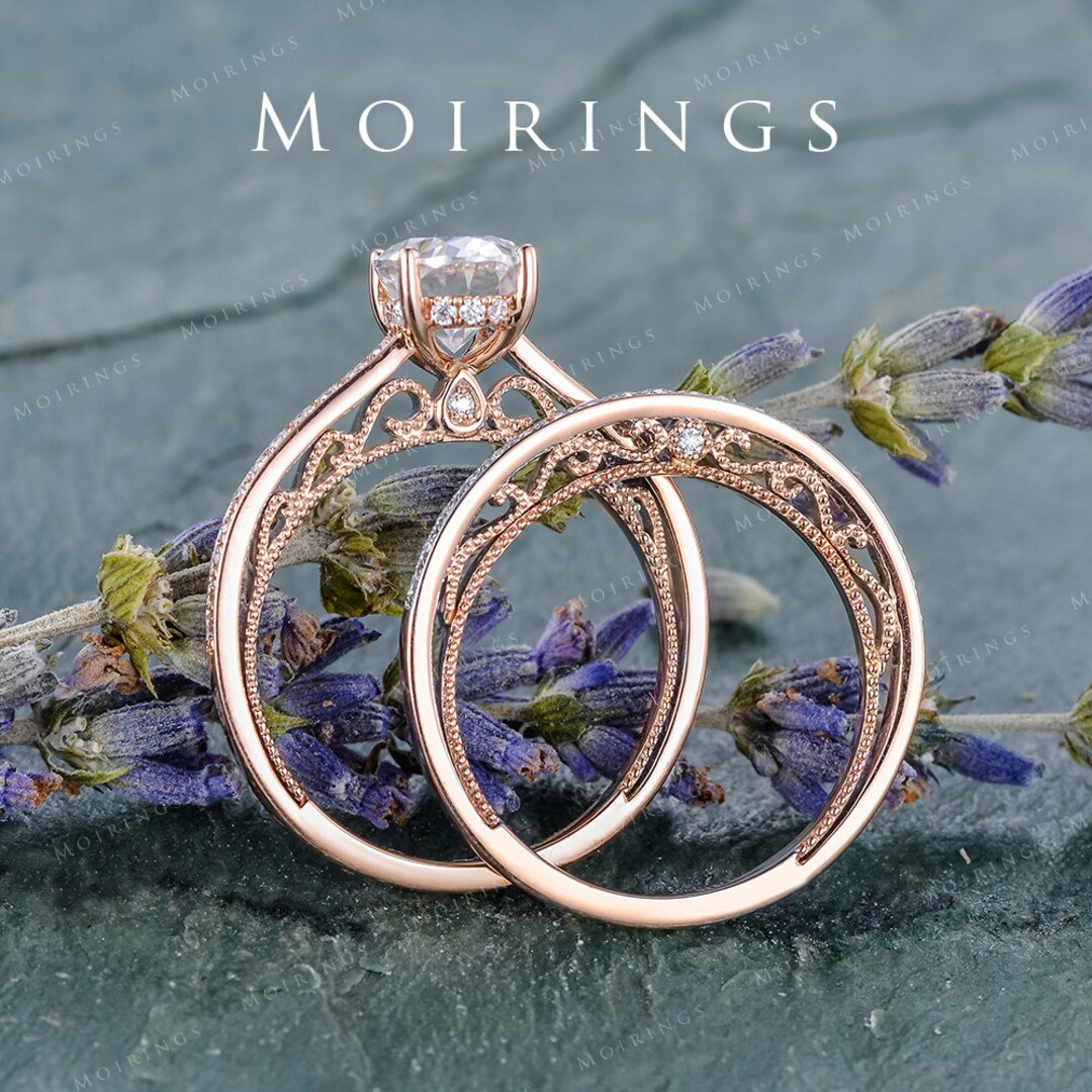 Filigree Moissanite Engagement Ring Set Rose Gold Unique Cathedral ...