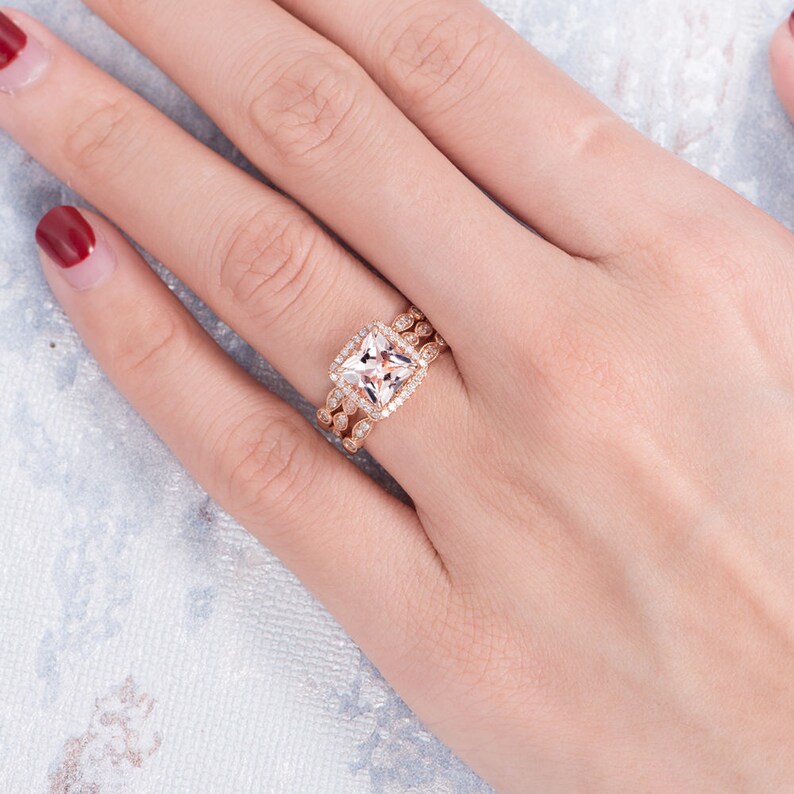Princess Cut Morganite Engagement Ring Art Deco Morganite Ring - Etsy