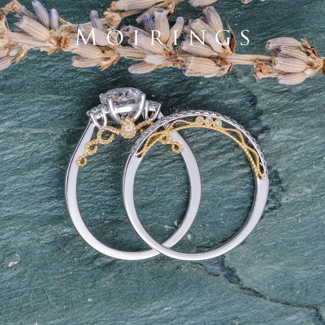 Peekaboo Three Stone Engagement Ring Set Filigree Solitaire - Etsy