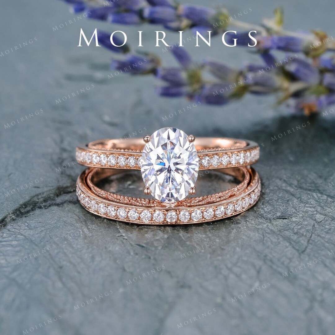 Filigree Moissanite Engagement Ring Set Rose Gold Unique Cathedral ...