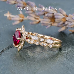 Lab Ruby Bridal Ring Set Yellow Gold Vintage Maruiqse & Spot Ring Unique Floral HALO Ring ...